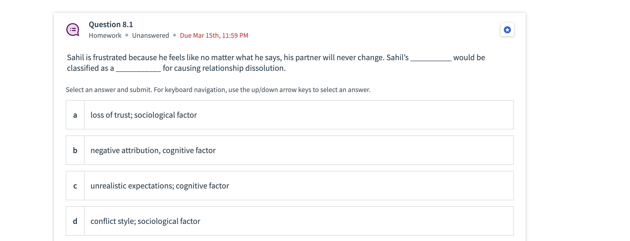 Solved Question 8.1Homework * ﻿Unanswered * ﻿Due Mar | Chegg.com
