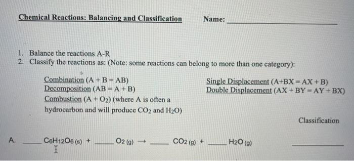 Solved Chemical Reactions: Balancing and Classification | Chegg.com