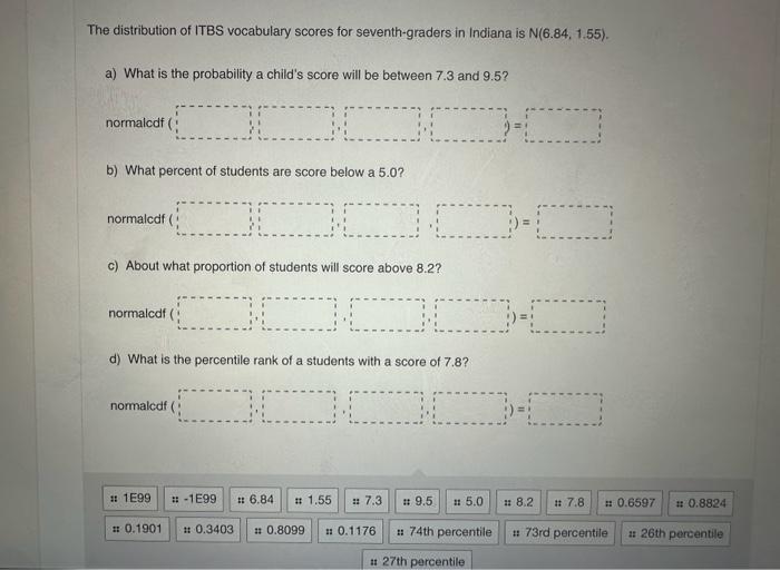 Solved The distribution of ITBS vocabulary scores for | Chegg.com