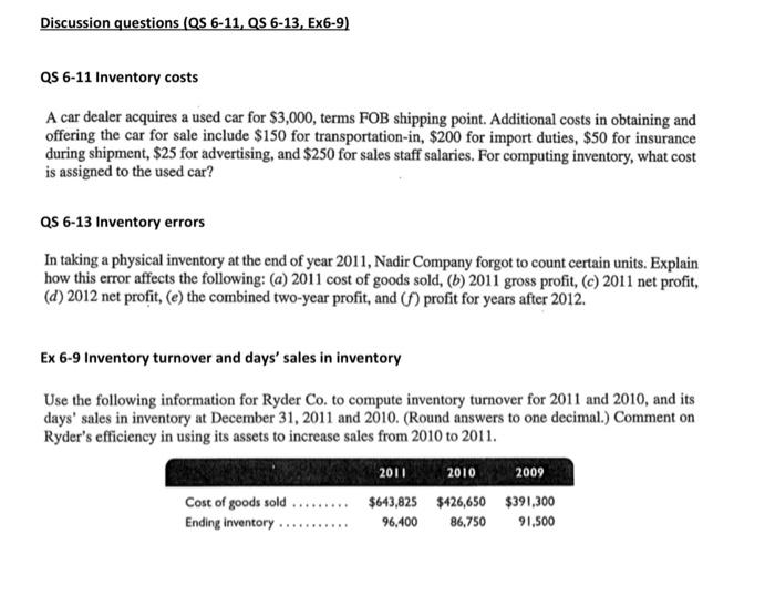 Solved Discussion questions (QS 6-11, QS 6-13, Ex6-9) QS | Chegg.com