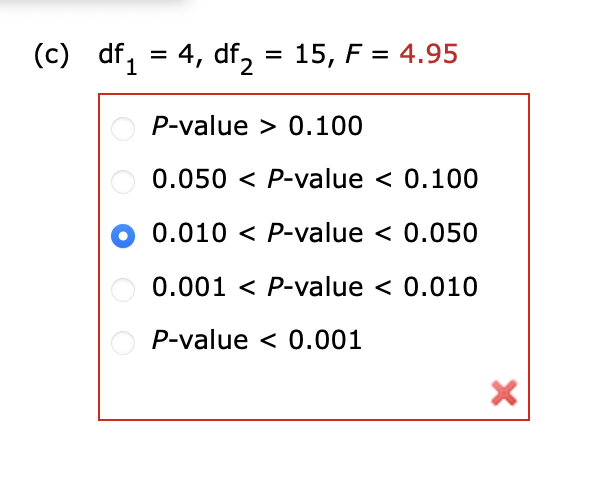 Solved (c) df1=4,df2=15,F=4.95P-value >0.1000.050