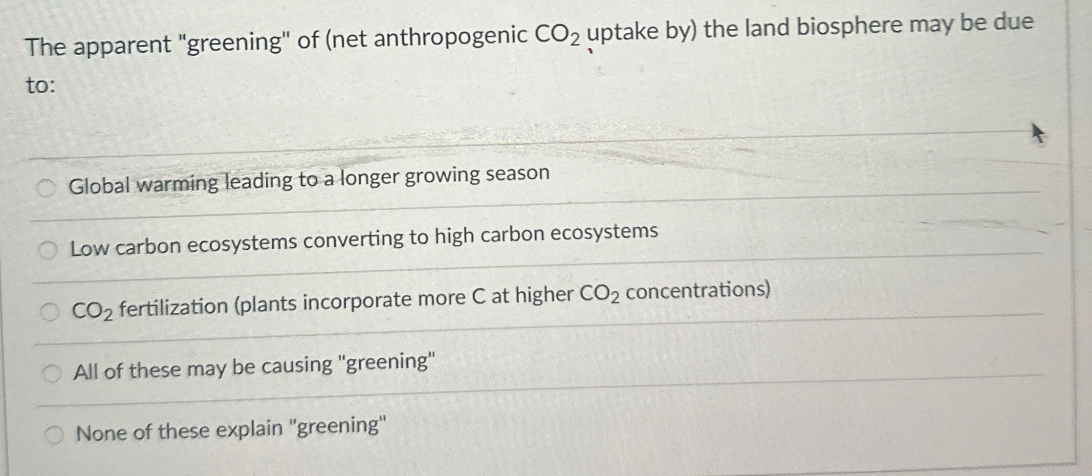 Solved The apparent "greening" of (net anthropogenic CO2 | Chegg.com