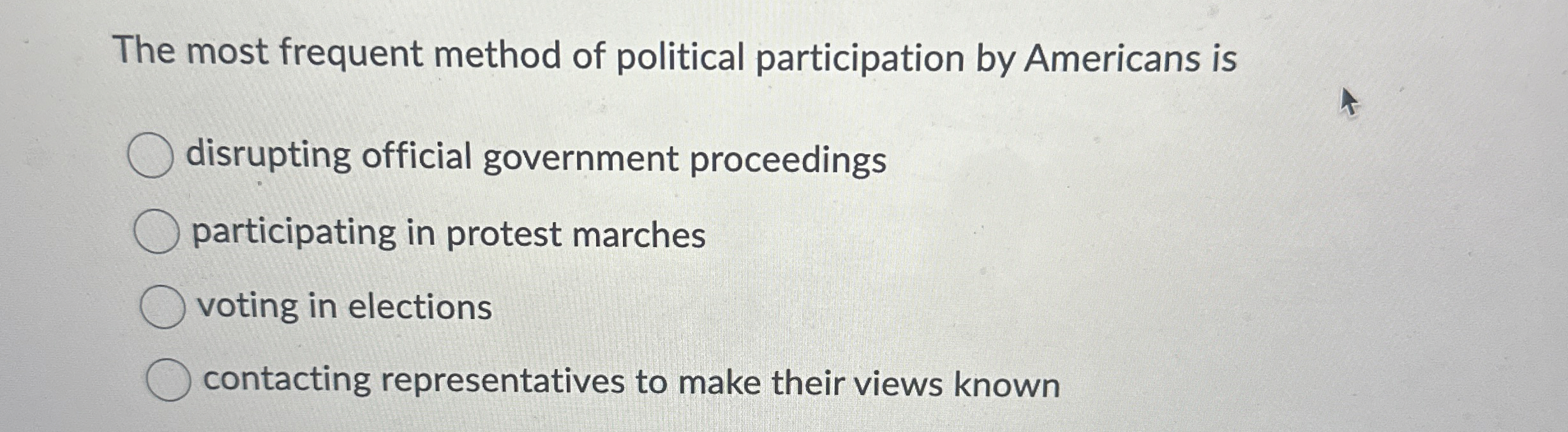 Solved The most frequent method of political participation | Chegg.com