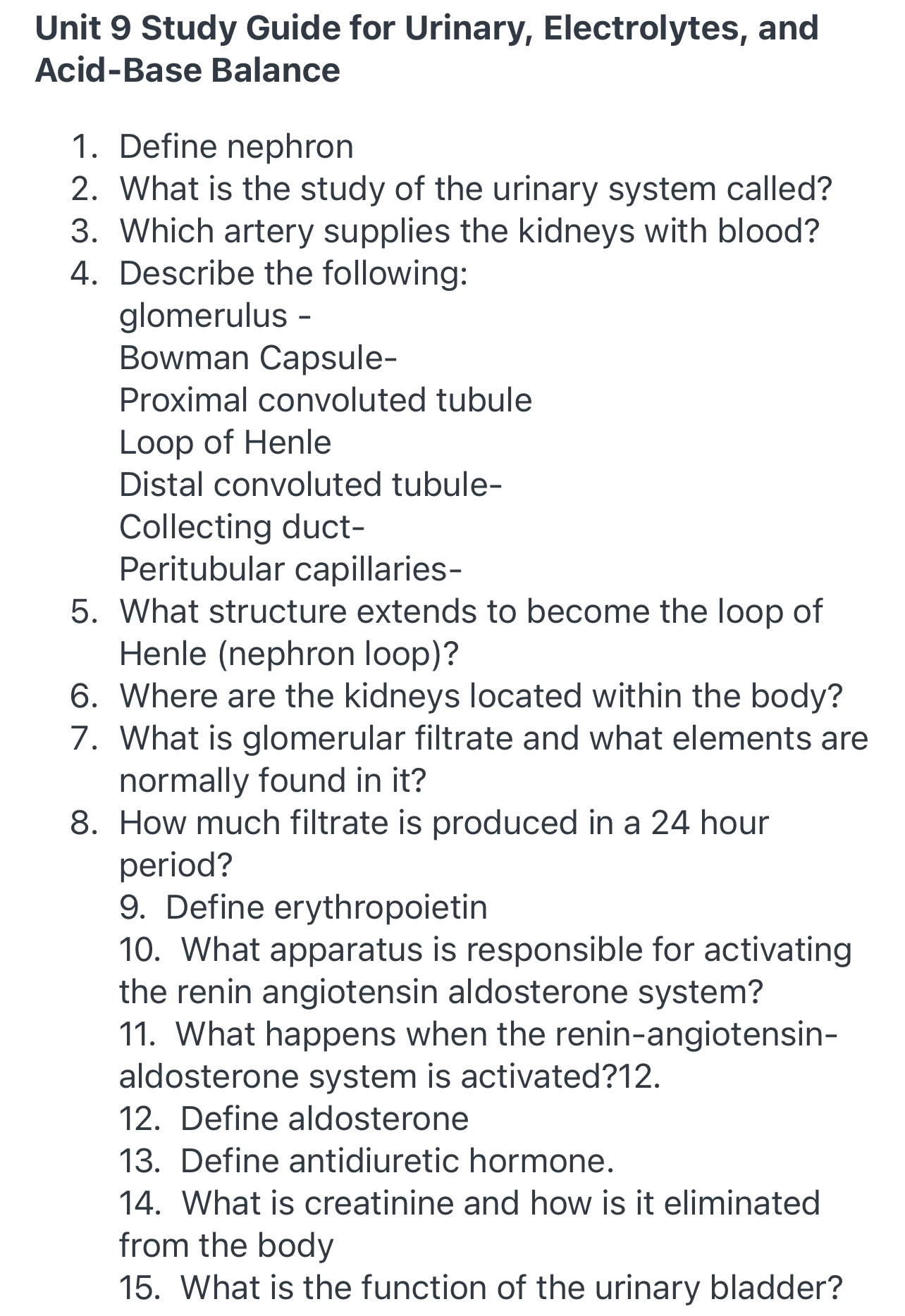Unit 9 ﻿Study Guide for Urinary, Electrolytes, | Chegg.com