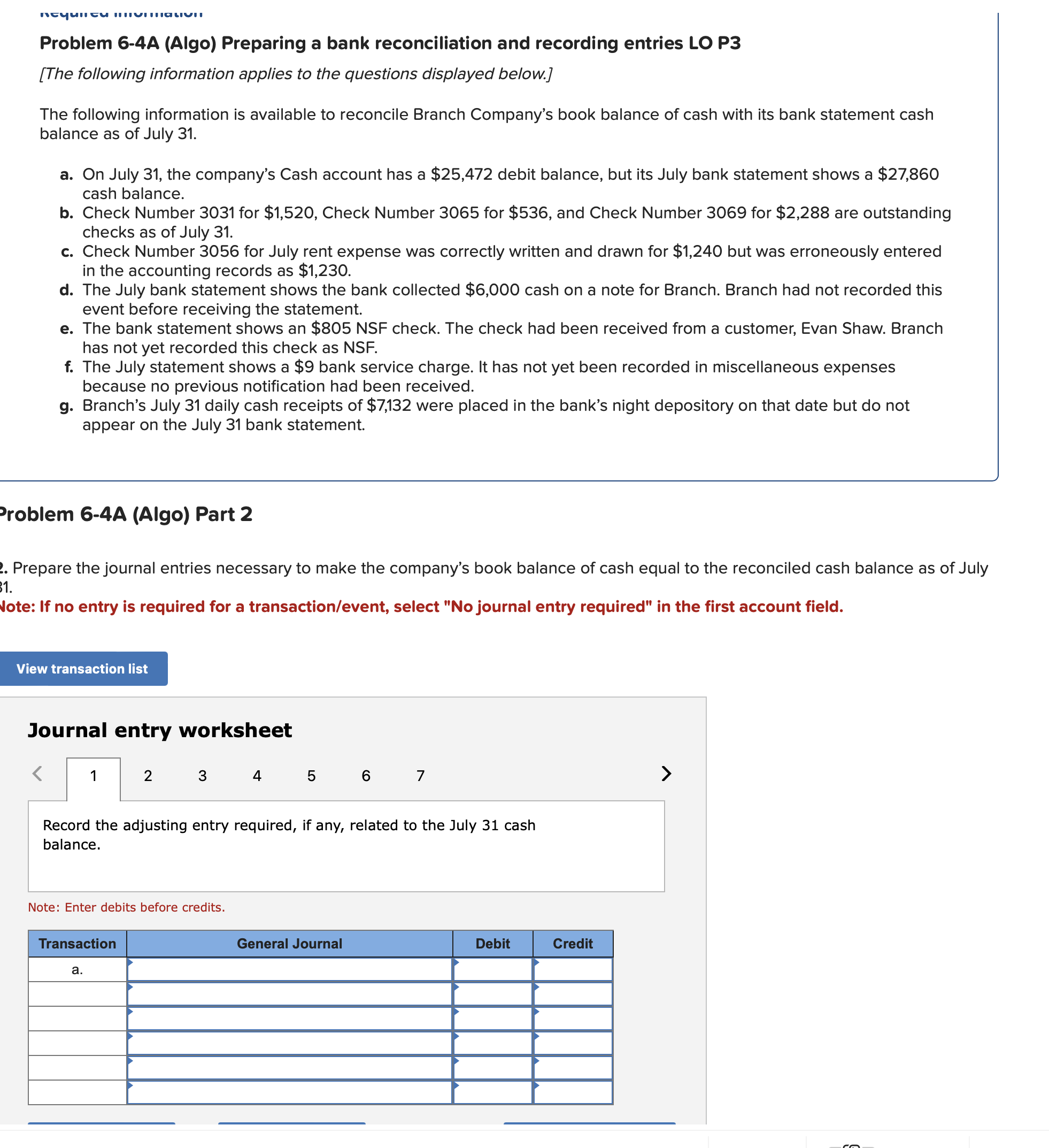 Solved Problem 6-4A (Algo) ﻿Preparing a bank reconciliation | Chegg.com