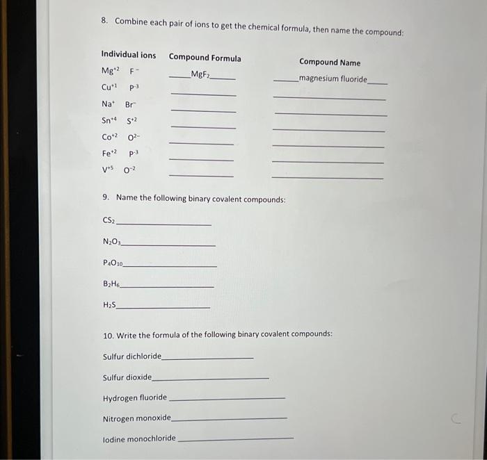 Solved 8. Combine each pair of ions to get the chemical | Chegg.com