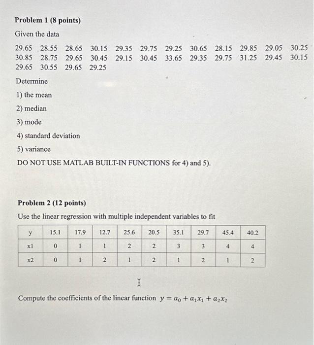 Solved Problem 1 (8 points) Given the data Determine 1) the | Chegg.com Solved Problem 1 (8 points) Given the data Determine 1) the | Chegg.com