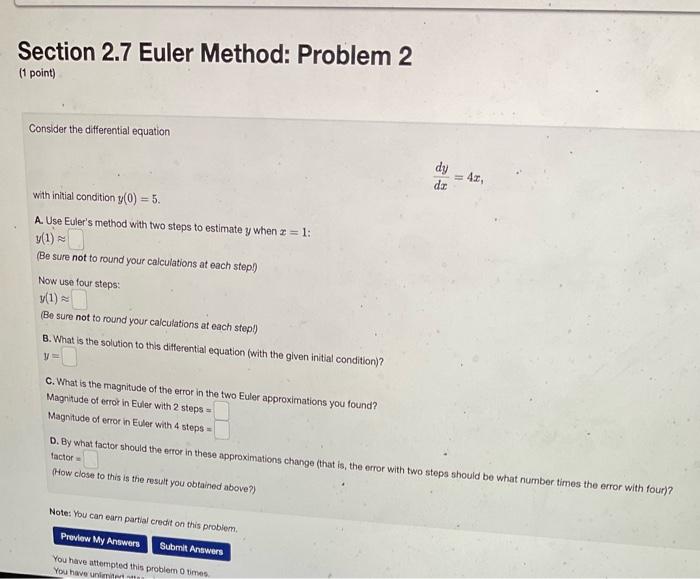 Solved Section 27 Euler Method Problem 2 1 Point 4221