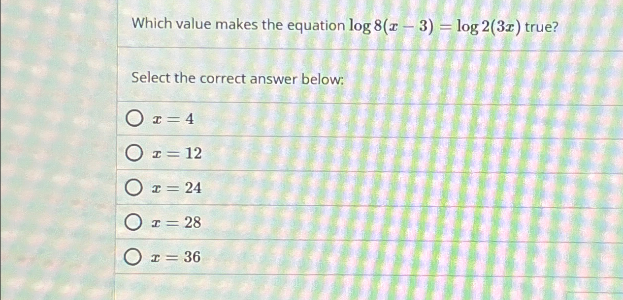Solved Which value makes the equation log8(x-3)=log2(3x) | Chegg.com