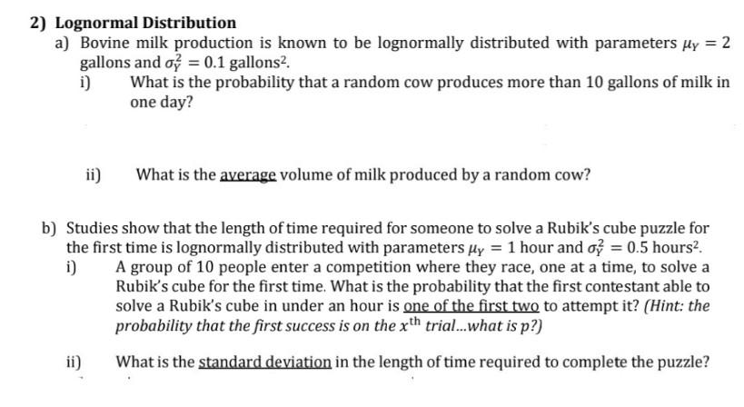 Solved 2) Lognormal Distribution a) Bovine milk production | Chegg.com