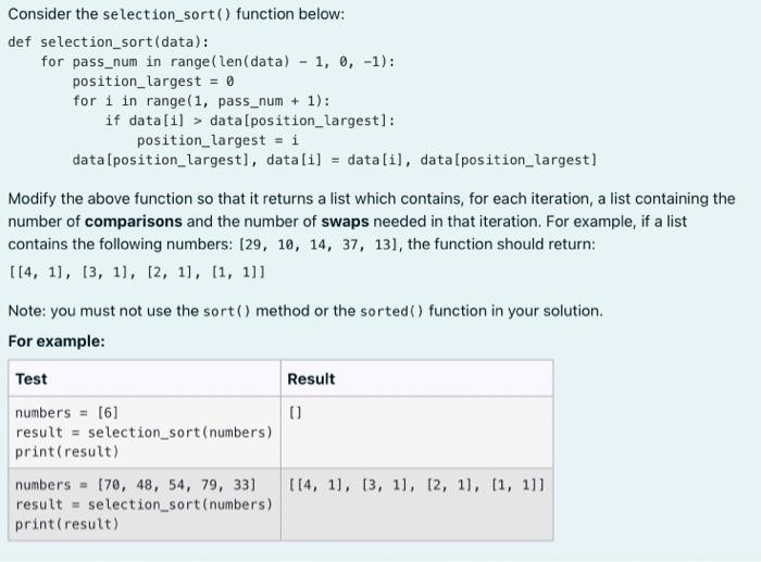 Solved Consider the selection_sort() function below: def | Chegg.com