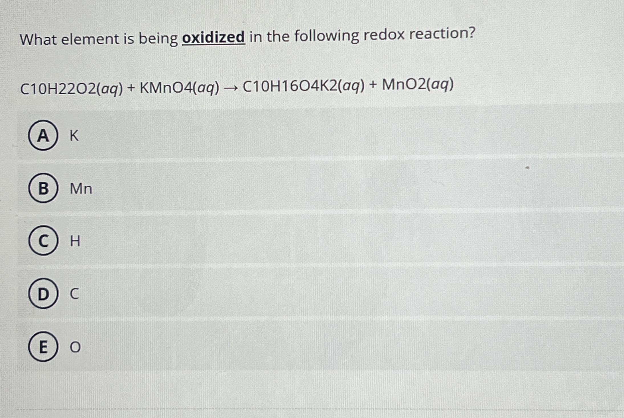 Solved What element is being oxidized in the following redox | Chegg.com