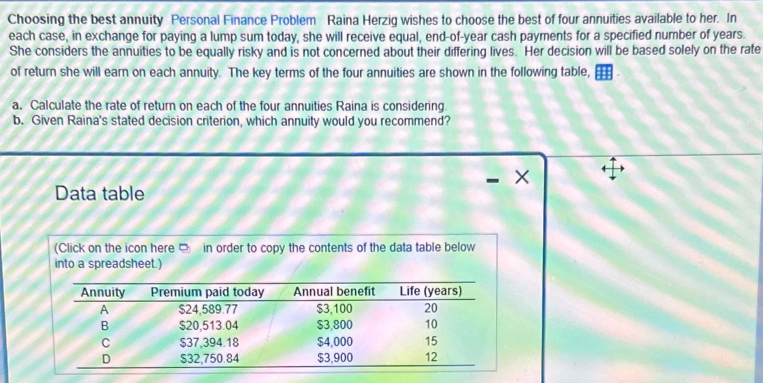 Solved Choosing the best annuity Personal Finance Problem | Chegg.com