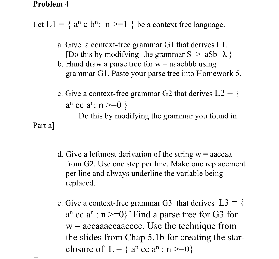 Solved Problem 4Let L1={ancbn:n≥1} ﻿be a context free | Chegg.com