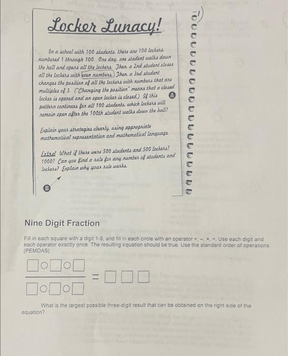 Solved Locker Lunacy! In a school with 100 students they are | Chegg.com