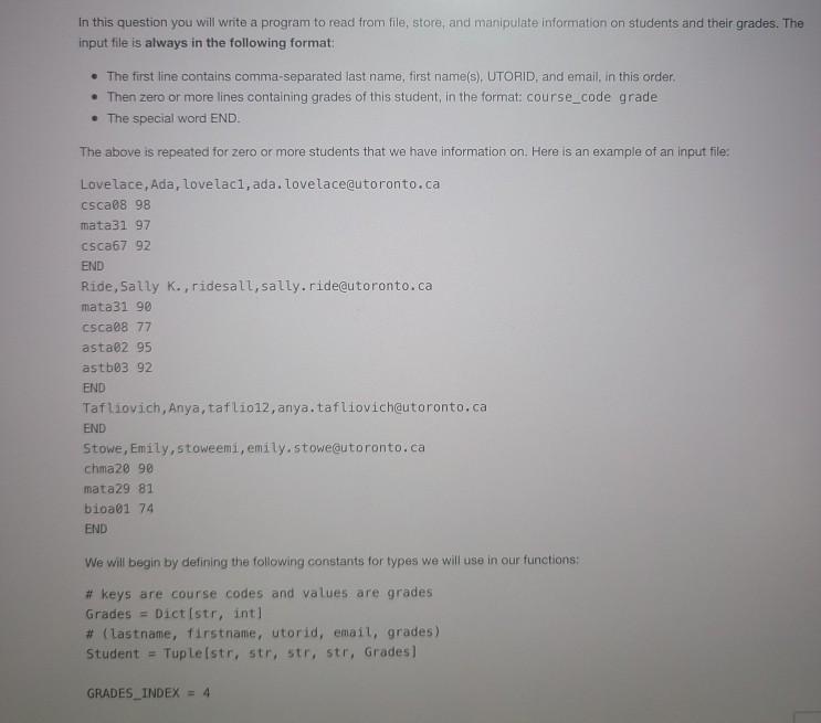 Solved Define a function get_utorid_to_avg that takes a | Chegg.com