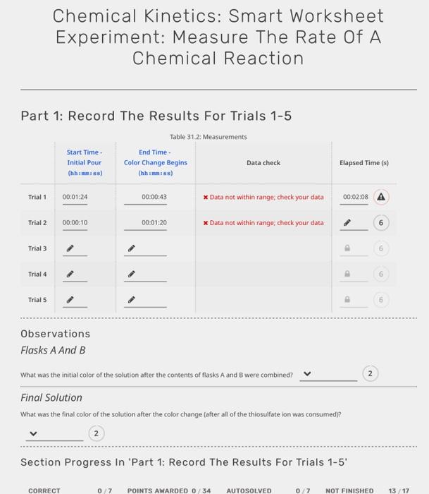 Chemical Kinetics: Smart Worksheet Experiment: | Chegg.com