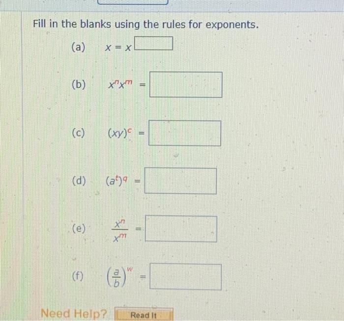 Solved Fill in the blanks using the rules for exponents. (a) | Chegg.com