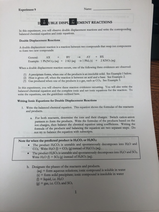 Solved Experiment Name: O UBLE DISPLACEMENT REACTIONS In | Chegg.com