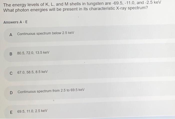 Solved The energy levels of K,L, and M shells in tungsten | Chegg.com
