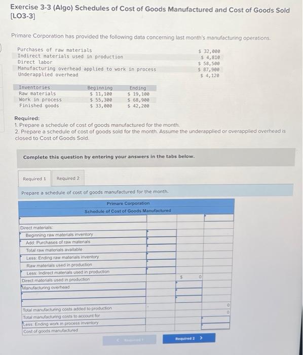 Solved Exercise 3-3 (Algo) Schedules of Cost of Goods | Chegg.com