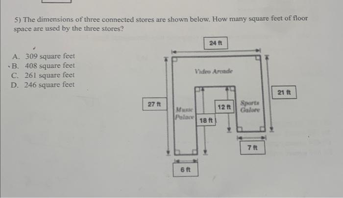 Solved 5) The dimensions of three connected stores are shown | Chegg.com