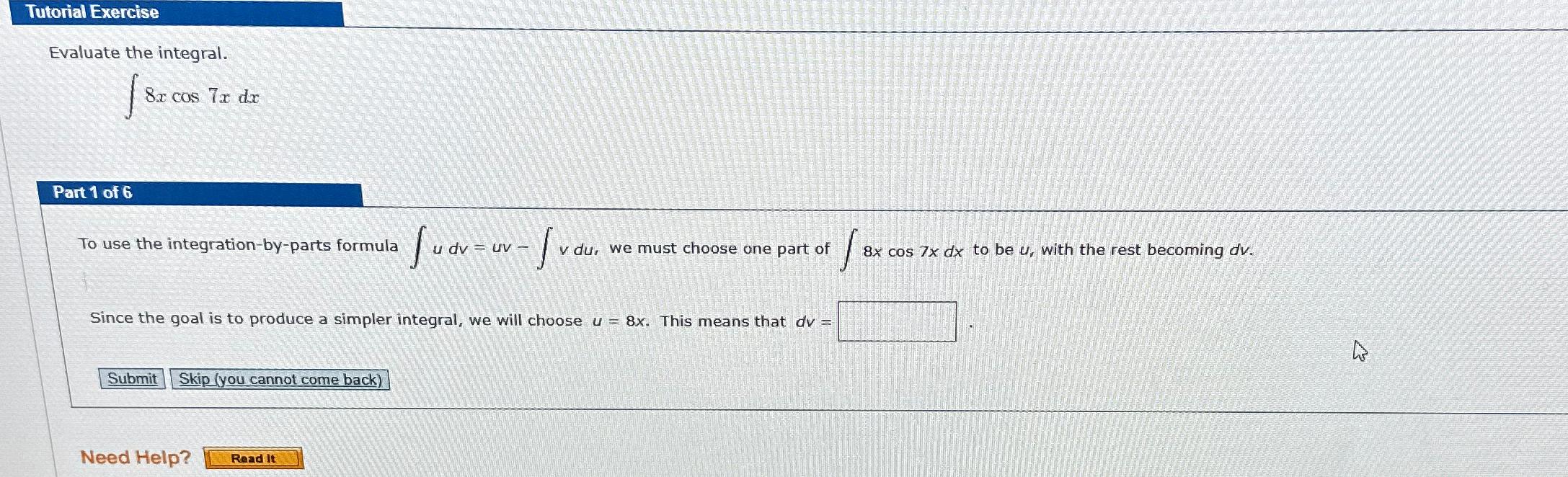 Solved Tutorial Exercise\\nEvaluate the integral.\\n\\\\int | Chegg.com