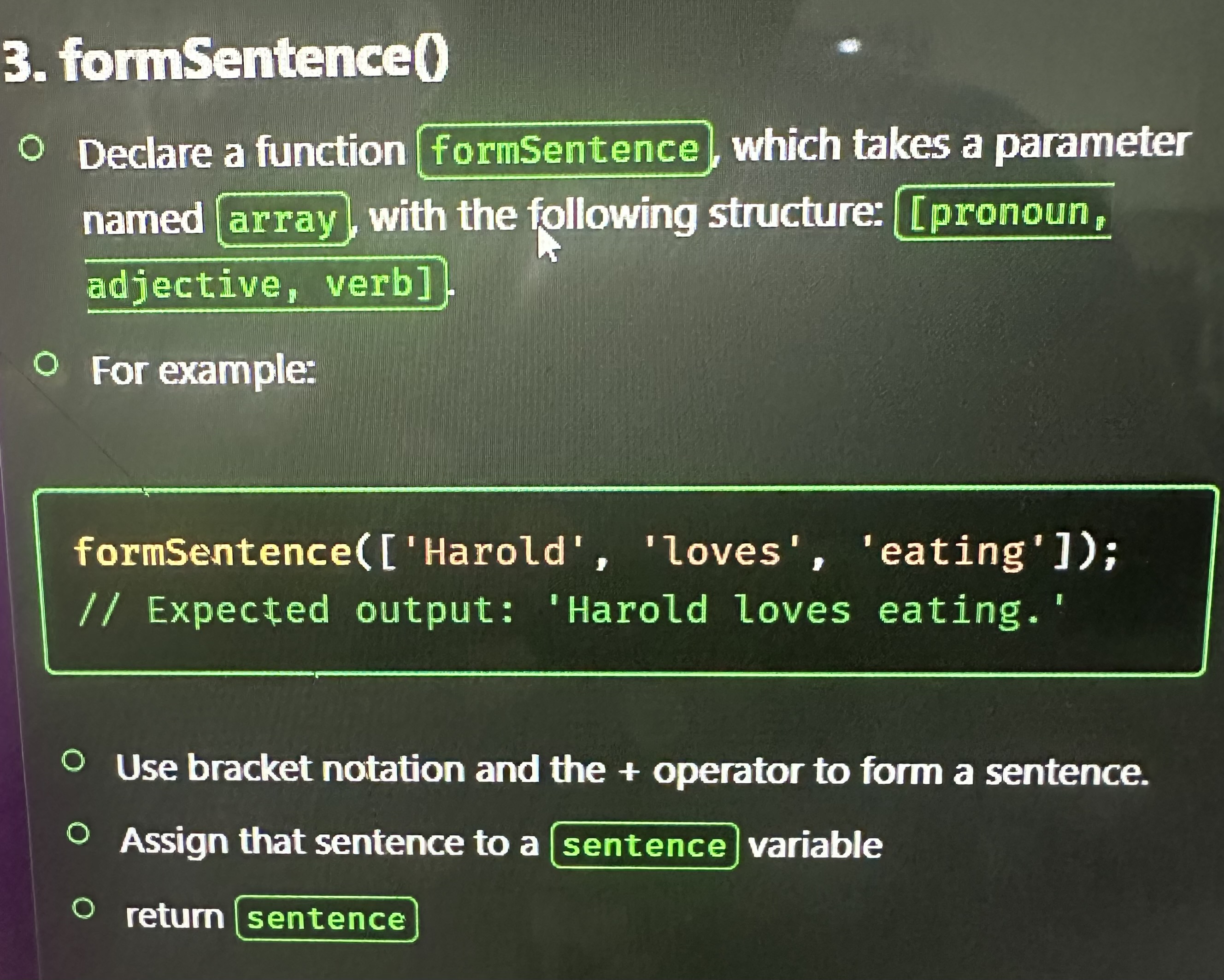 Solved formSentence(which takes a parameterDeclare a | Chegg.com