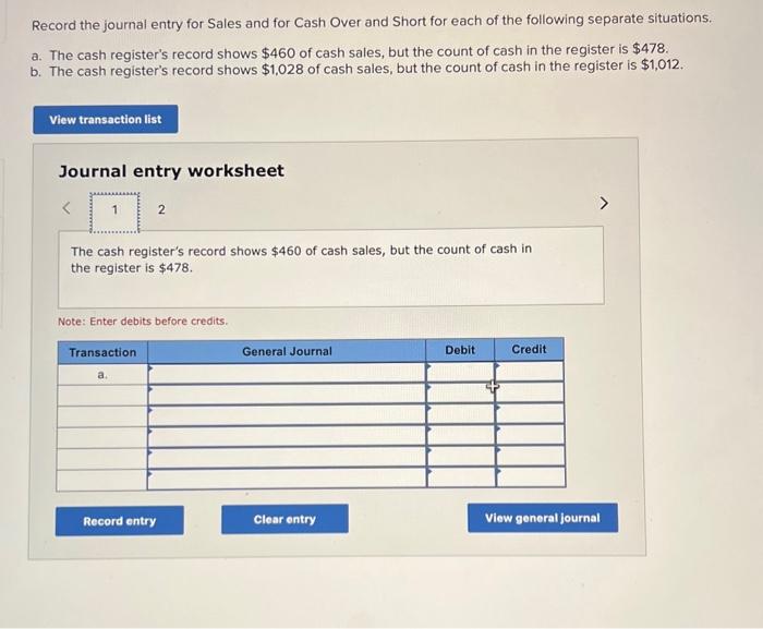 Solved Record the journal entry for Sales and for Cash Over | Chegg.com
