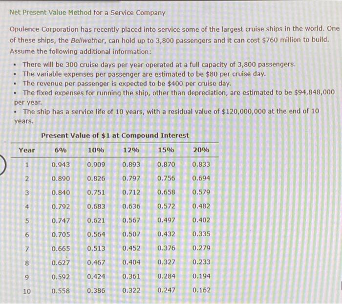 Solved Net Present Value Method for a Service Company | Chegg.com