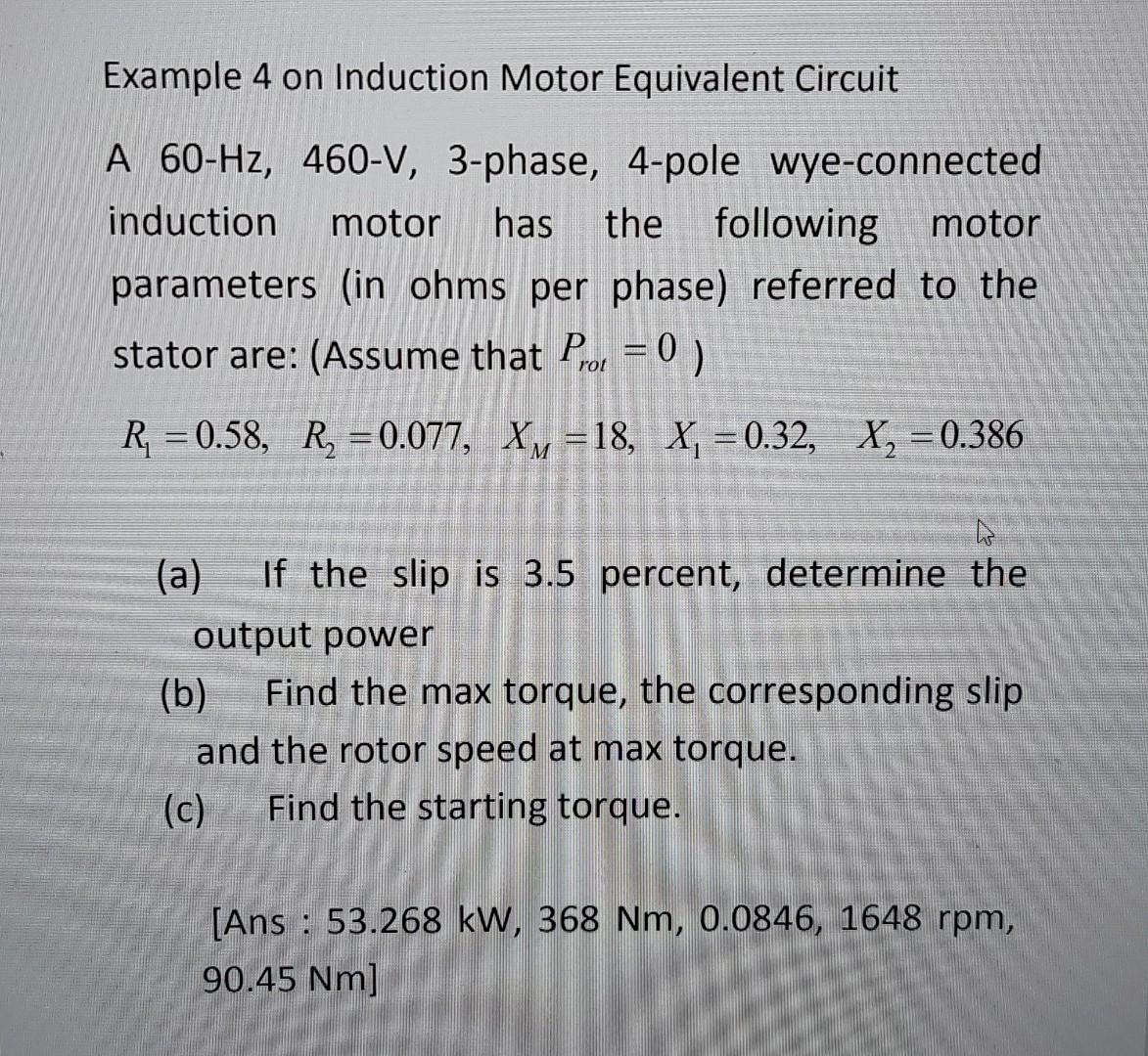 Solved Example 4 on Induction Motor Equivalent Circuit A | Chegg.com