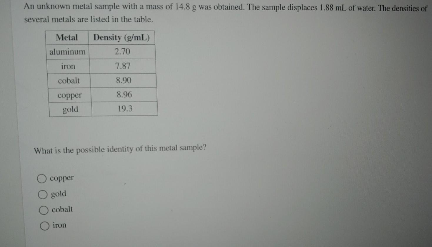 Solved An unknown metal sample with a mass of 14.8 g was | Chegg.com