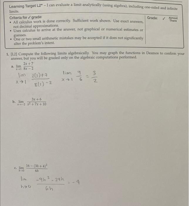 Solved 1. [L2] Compute the following limits algebraically. | Chegg.com