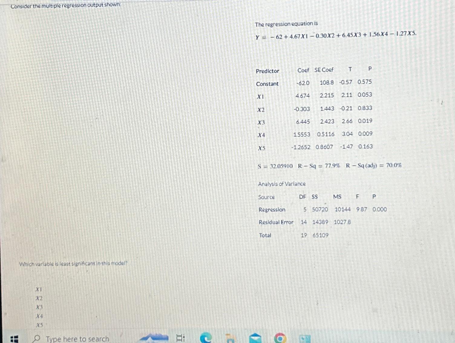 Solved Consider the multiple regression output shown:The | Chegg.com