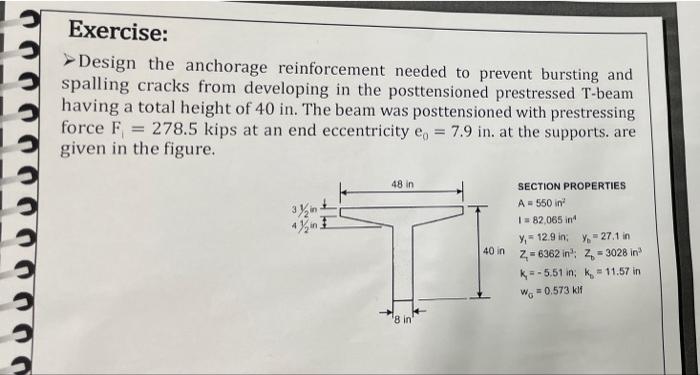 Exercise: Design the anchorage reinforcement needed | Chegg.com