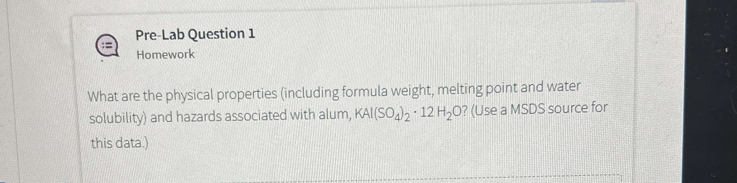 Solved Pre-Lab Question 1HomeworkWhat are the physical | Chegg.com