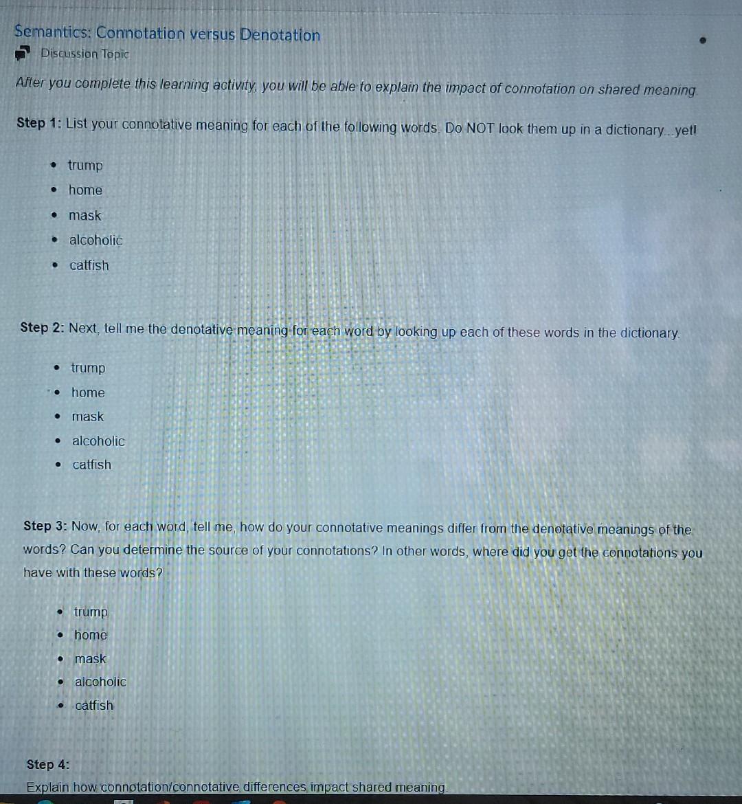 Solved Semantics: Connotation versus Denotation Discussion | Chegg.com