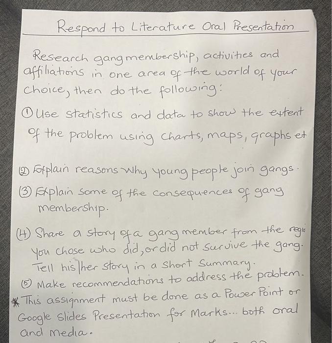 Respond to Literature Oral Presentation Research | Chegg.com