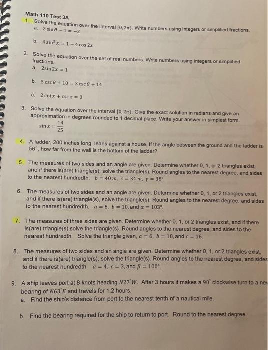 Solved Math 110 Test 3A 1. Solve the equation over the | Chegg.com