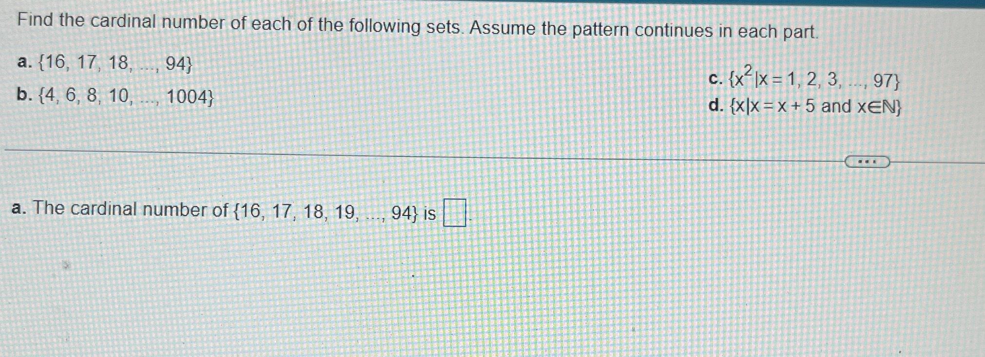 Solved Find the cardinal number of each of the following | Chegg.com