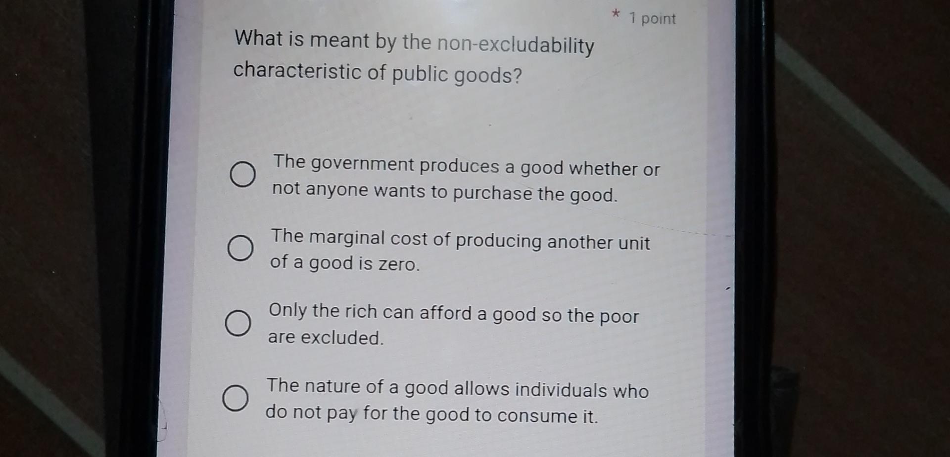 Solved 1 ﻿pointWhat is meant by the non-excludability | Chegg.com