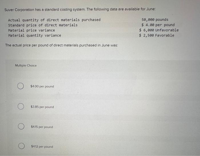 Solved Suver Corporation has a standard costing system. The | Chegg.com