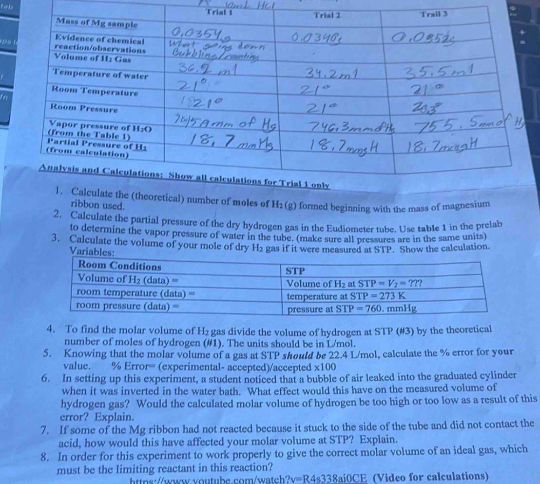 Solved Analysis and Calculations: Show all calculations for | Chegg.com