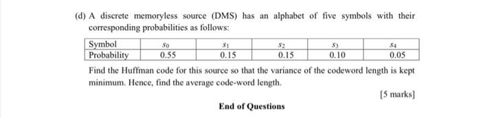 Solved SO S1 $2 33 $4 (d) A discrete memoryless source (DMS) | Chegg.com