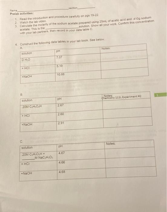 Solved section Name Prelab activities: 1. Read the | Chegg.com