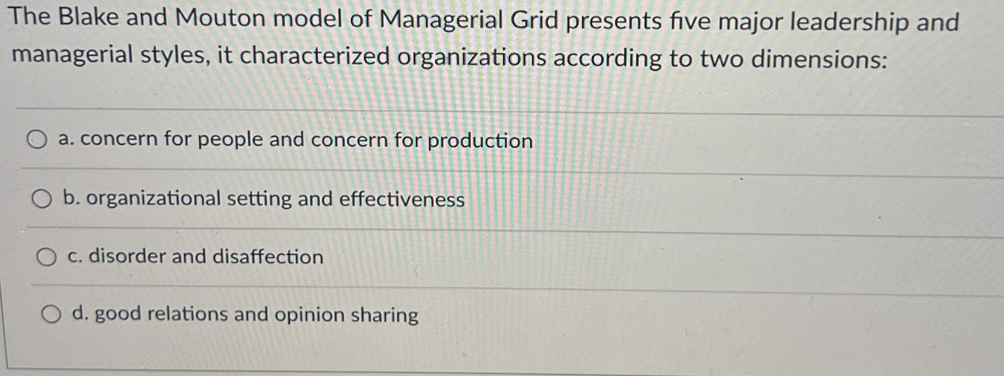 Solved The Blake and Mouton model of Managerial Grid | Chegg.com