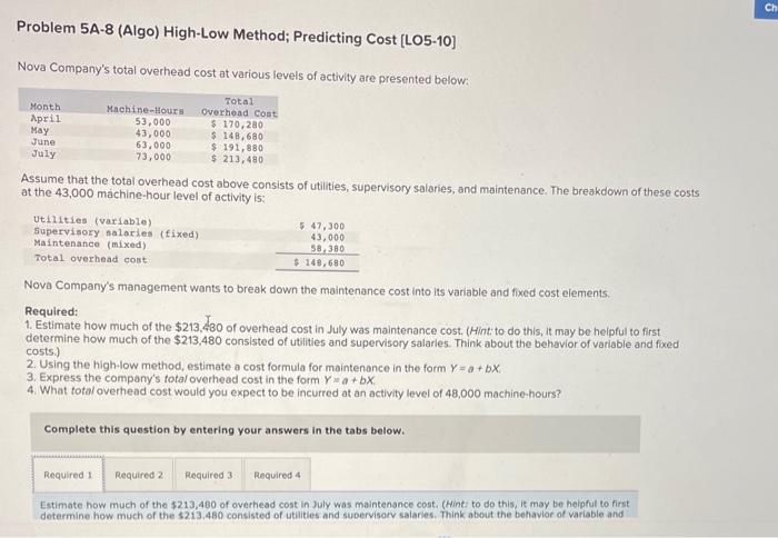 Solved Problem 5A-8 (Algo) High-Low Method; Predicting Cost | Chegg.com