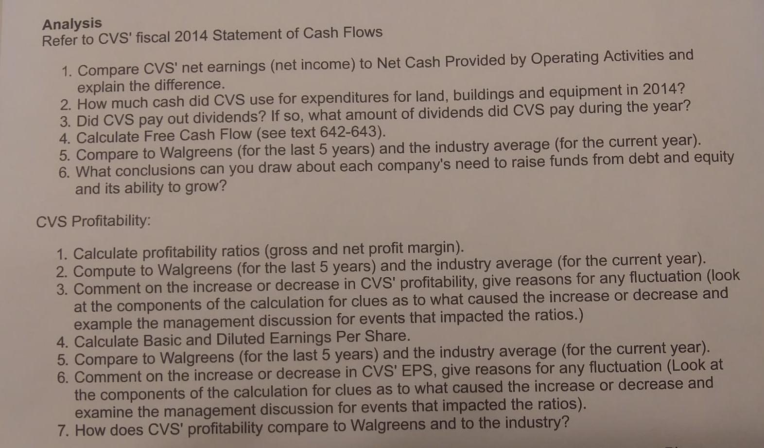 Analysis Refer to CVS' fiscal 2014 Statement of Cash | Chegg.com
