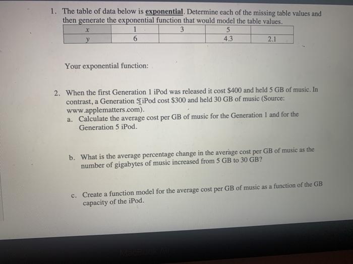 Solved 1. The table of data below is exponential. Determine | Chegg.com