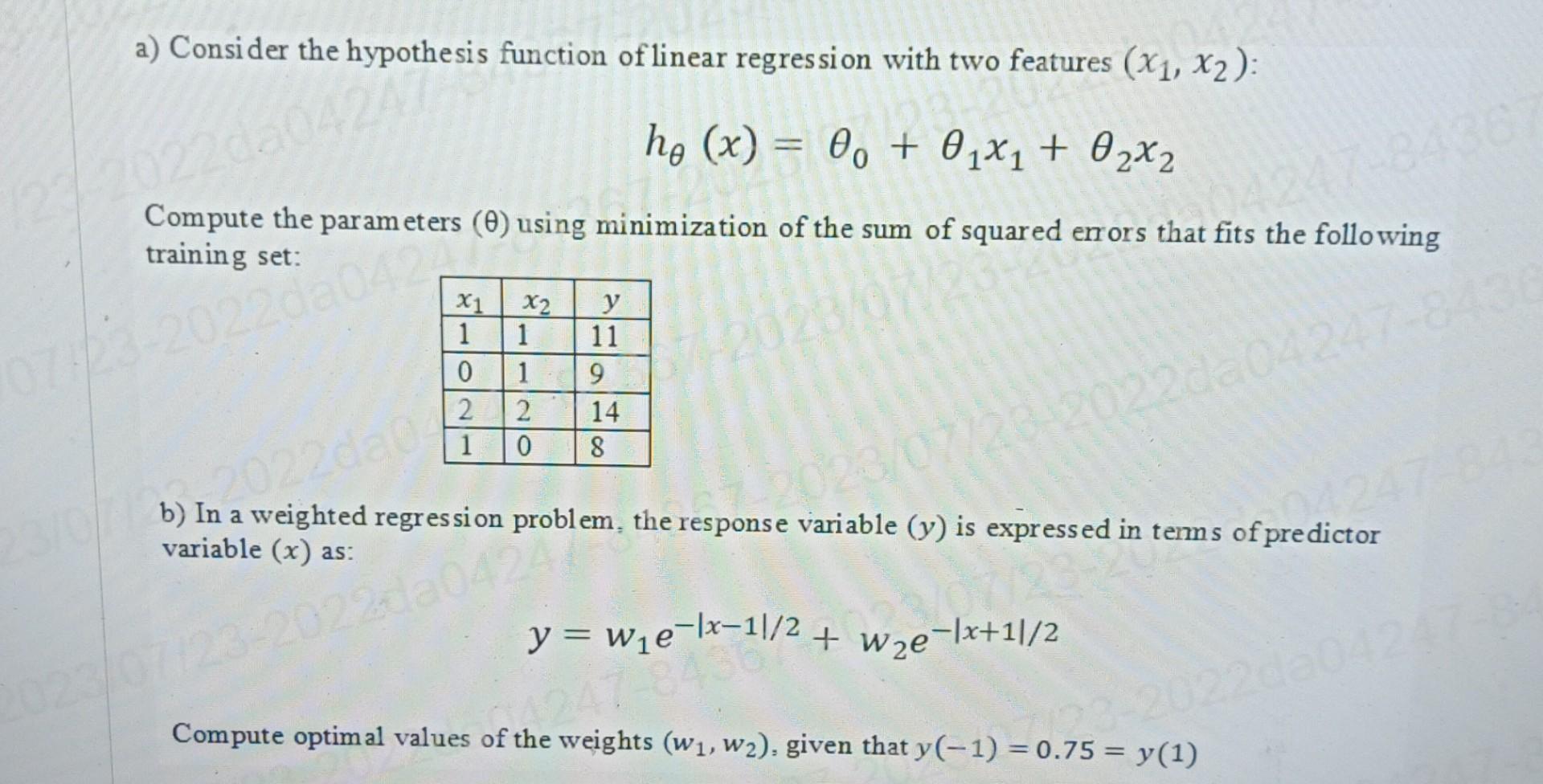 Solved a) Consider the hypothesis function of linear | Chegg.com